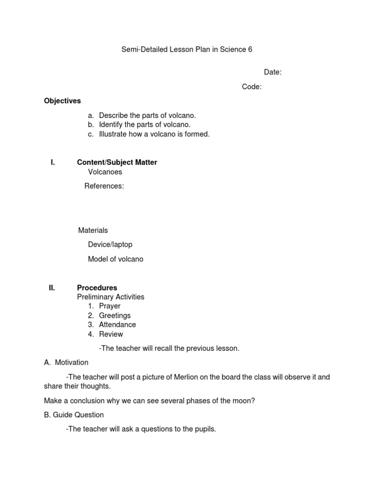 Lesson Plan Grade 6 (Volcanoes) | PDF