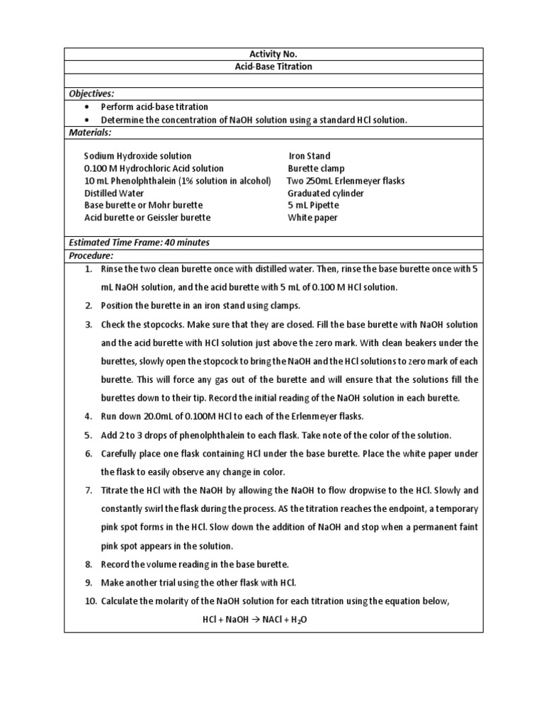 Acid Base Titration Sample Lab Worksheet | PDF | Titration | Chemistry