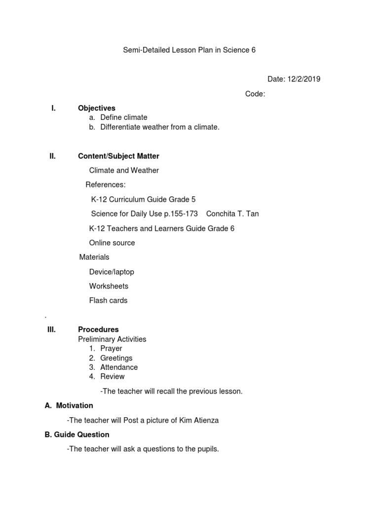 Grade 6 Lesson Plan: Weather & Climate | PDF | Science & Mathematics