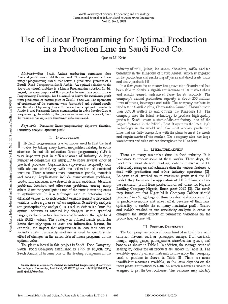 Use of Linear Programming For Optimal Production in A Production Line ...