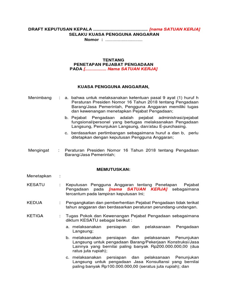 Format SK Penetapan Pejabat Pengadaan Kemenag-1 | PDF
