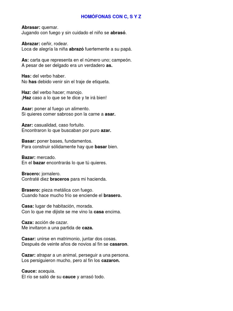 Homófonas Con C, S y Z | PDF | Alimentos