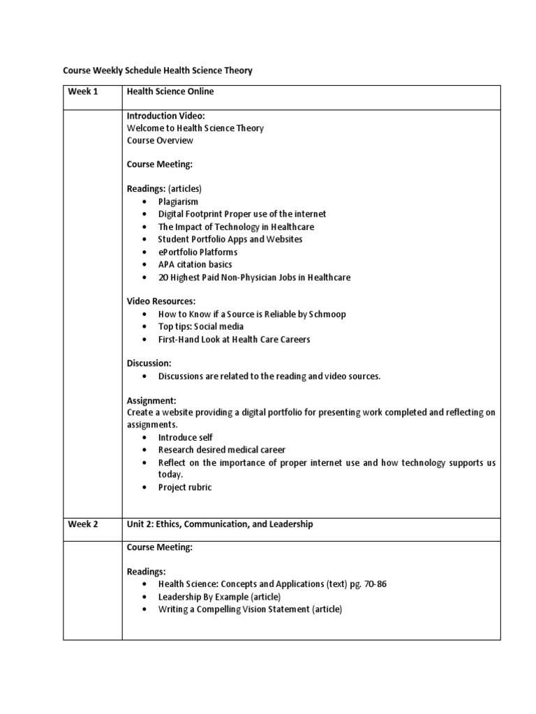 Course Weekly Schedule Health Science Theory | PDF | Alternative ...