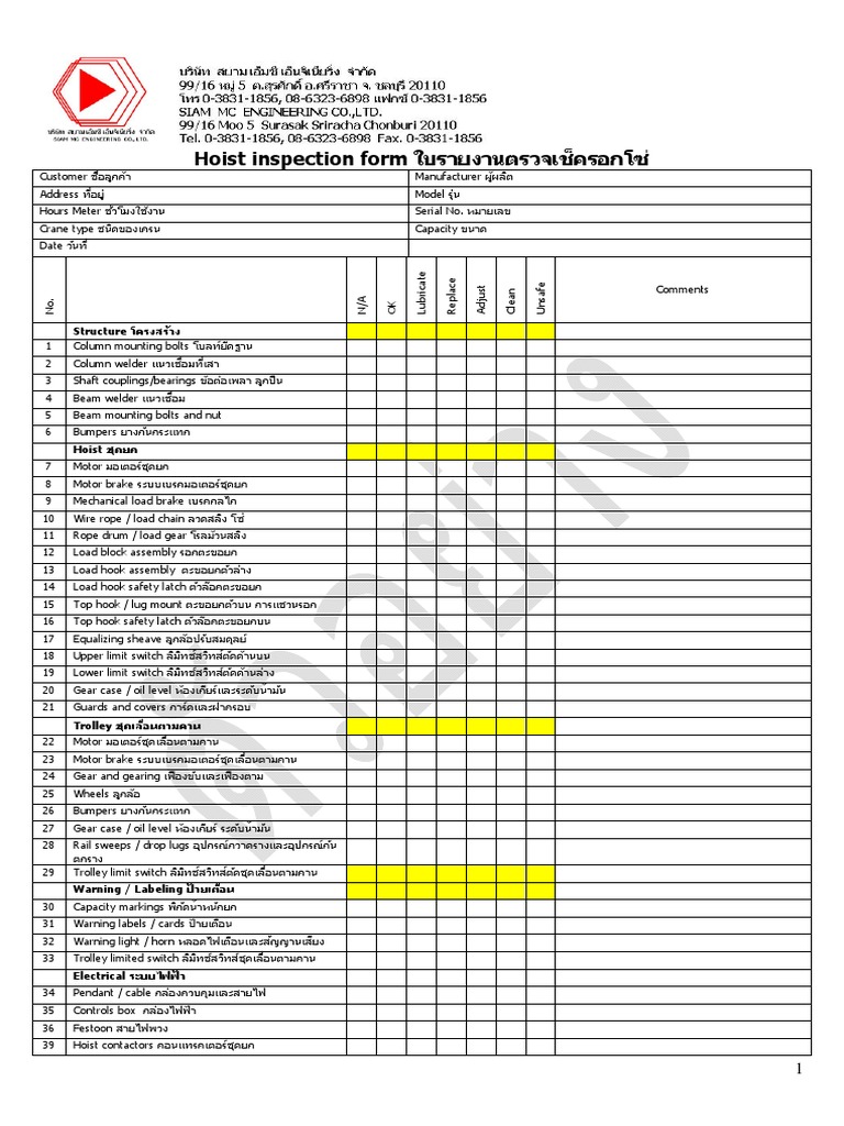Hoist Inspection Check List | PDF