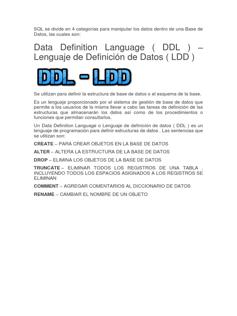 Sentencias DDL DML DCL TCL | PDF | SQL | Gestión de datos
