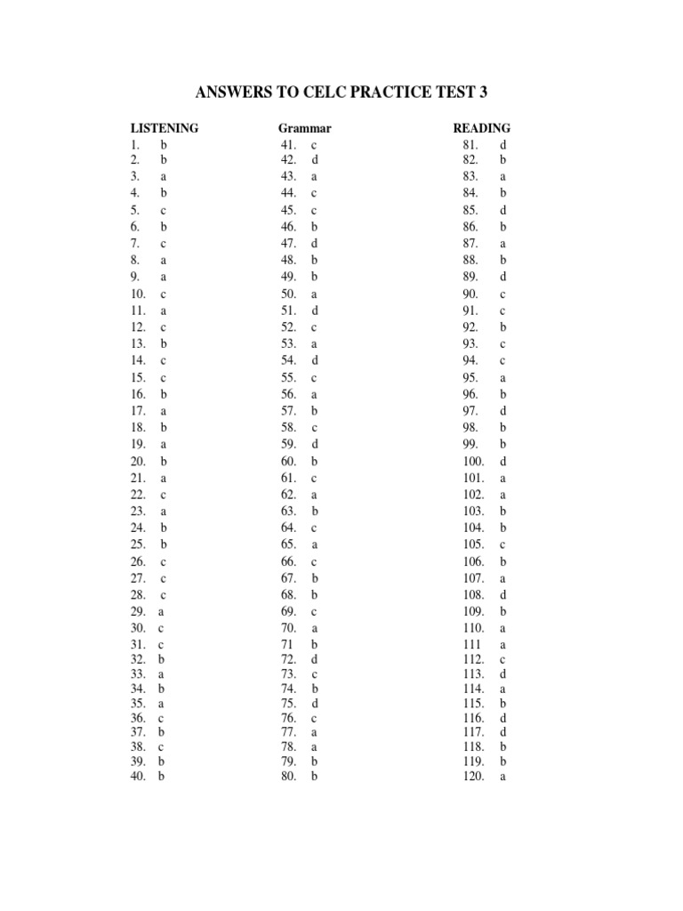 CELC Practice Test 3 Answer Key - FINAL (Spring 2013) PDF | PDF