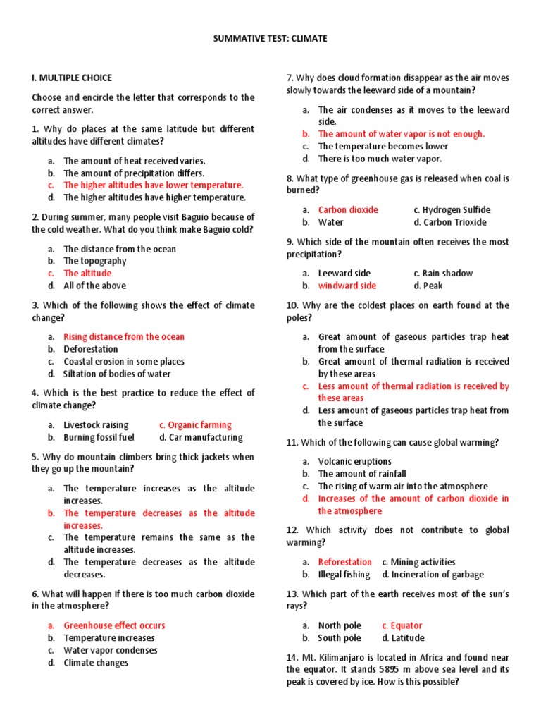 SUMMATIVE TEST Climate Answer Key | PDF | Atmosphere Of Earth ...