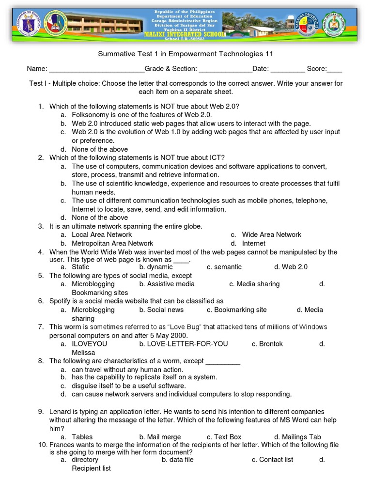 Summative Test in Emp - Tech 11 | PDF | World Wide Web | Internet & Web