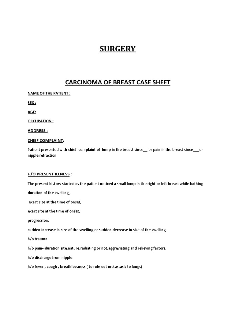 Carcinoma of Breast Case Sheet | PDF | Breast | Breast Cancer