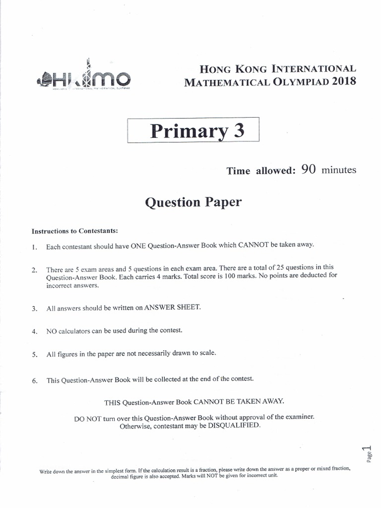 HKIMO 2018 Primary 3 | PDF