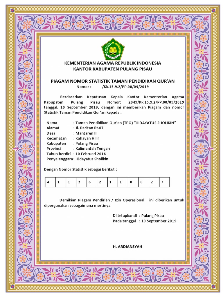 Piagam TPQ Hidayatus Sholikin Pulang Pisau | PDF