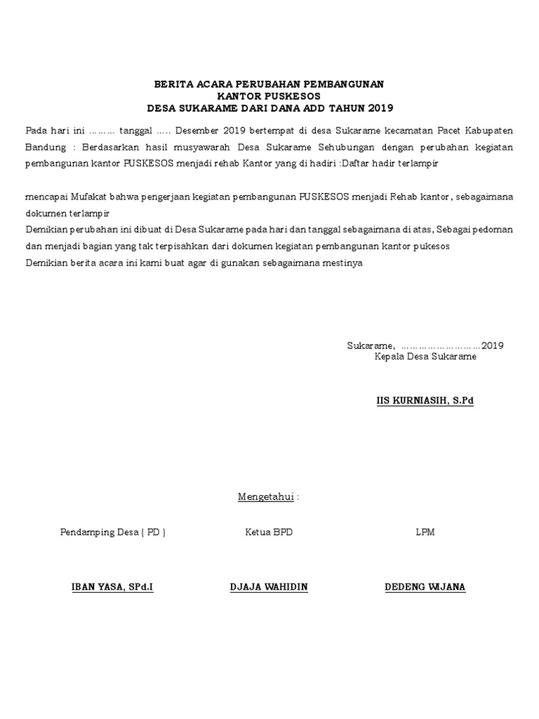 Perubahan Rencana Pembangunan Kantor Puskesos Menjadi Rehabilitasi Kantor di Desa Sukarame | PDF
