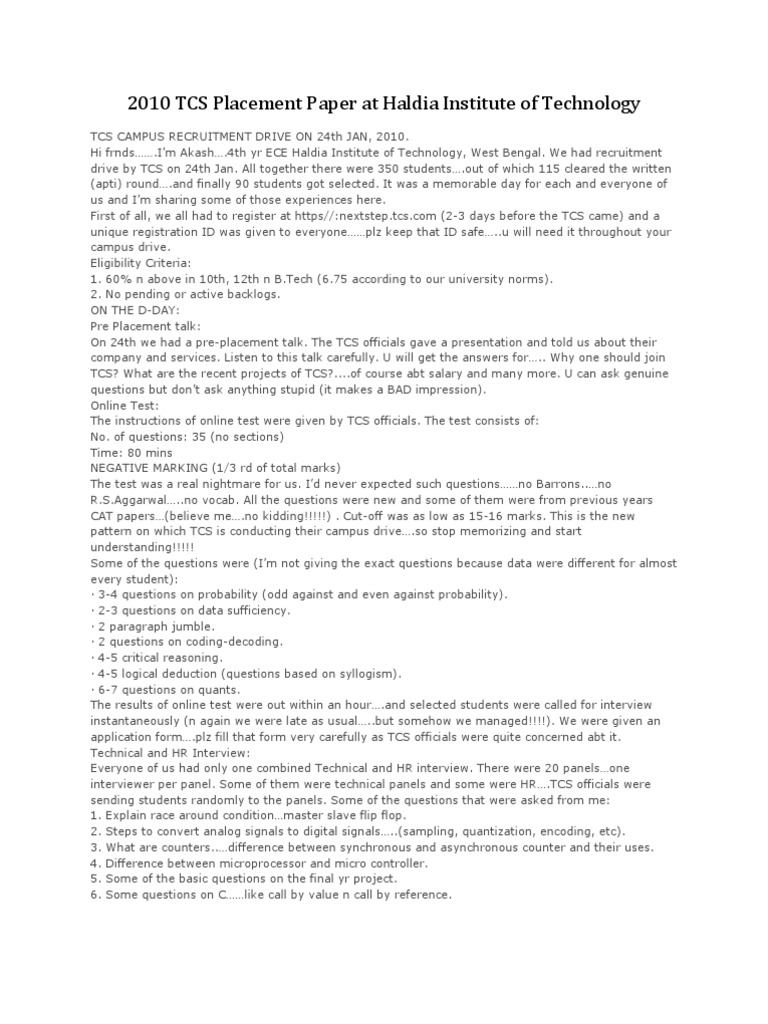 2010 TCS Placement Paper at Haldia Institute of Technology | PDF ...