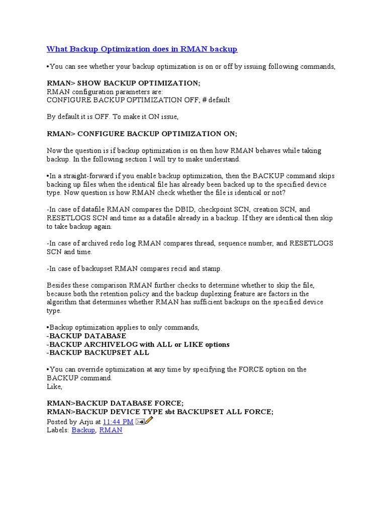 Backup Optimization In Rman Backup Pdf Computing Backup