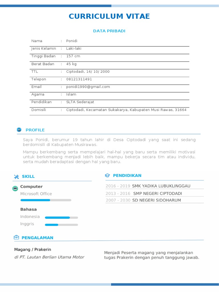 CV Ponidi: Profil dan Data Pribadi | PDF | Gaya Hidup
