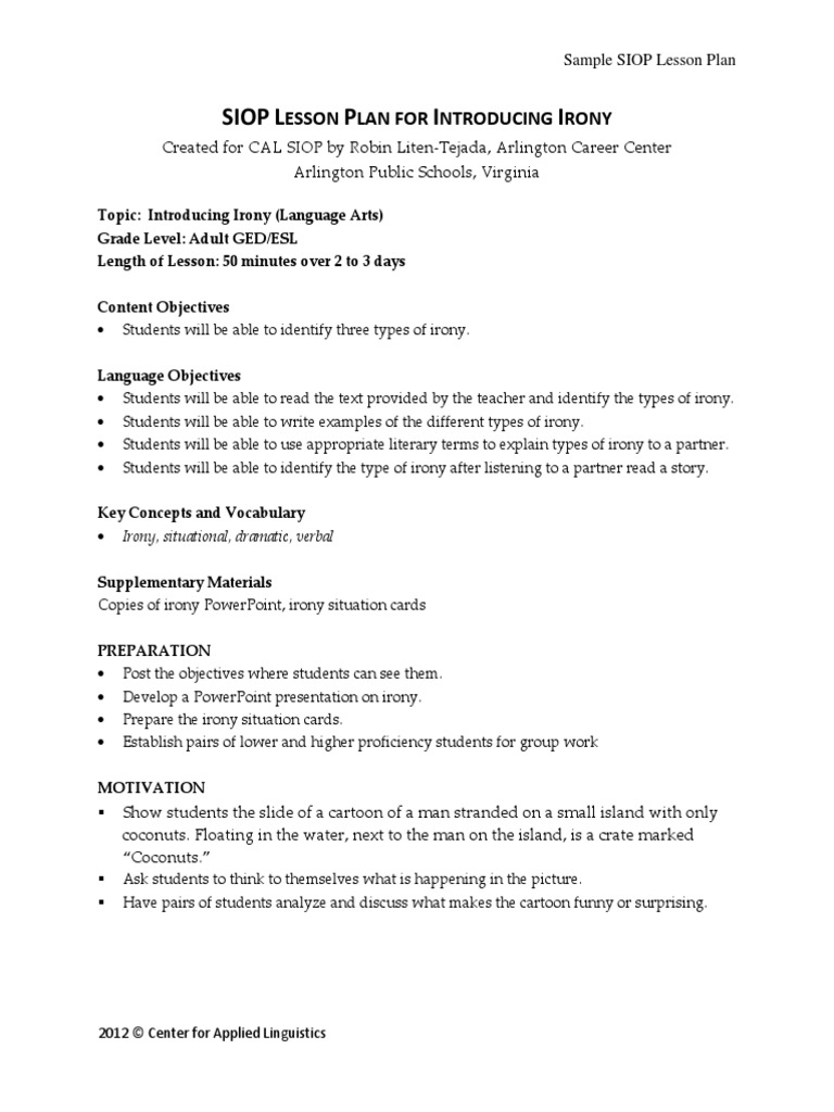 Siop Lesson Plan For Introducing Irony PDF | PDF | Irony | Lesson Plan