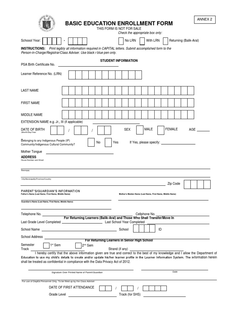 Basic Education Enrollment Form | PDF | Birth Certificate | Social ...