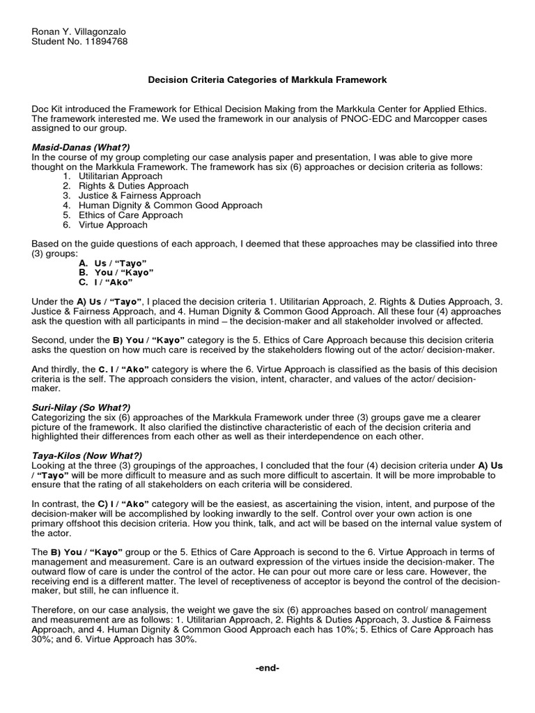 Reflection Paper - Markkula Framework - Ronan Villagonzalo | PDF ...