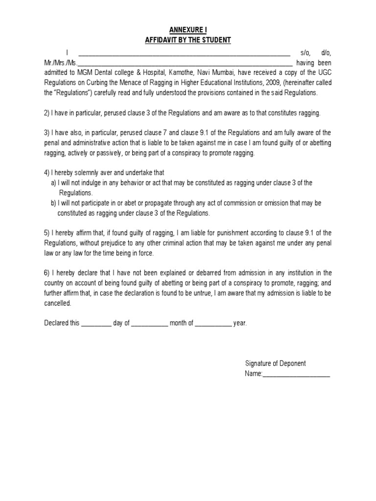 Format of Affidavit About Anti Ragging On Plain Paper | PDF ...