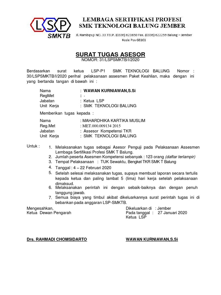 Surat Tugas Asesor Asesmen | PDF