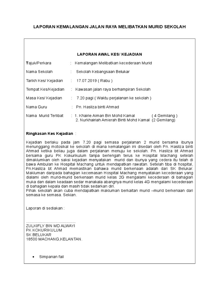 Format Laporan Kes Kemalangan Murid | PDF