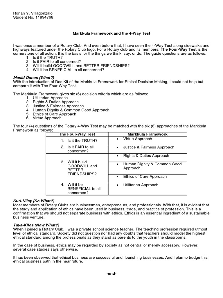 Reflection Paper - Rotary 4-Way Test - Ronan Villagonzalo | PDF ...