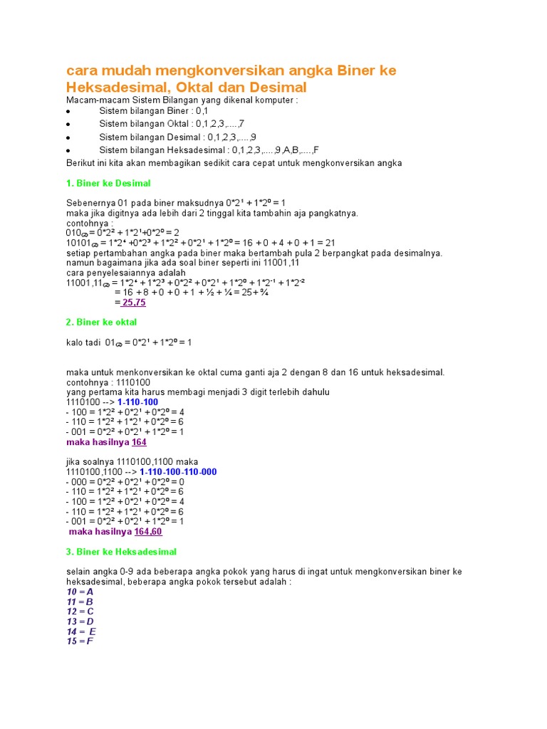 Cara Mudah Mengkonversikan Angka Biner Ke Heksadesimal | PDF
