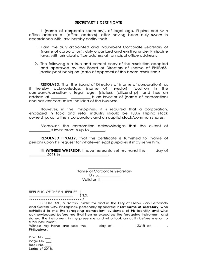 Secretary's Certificate-2018 | PDF