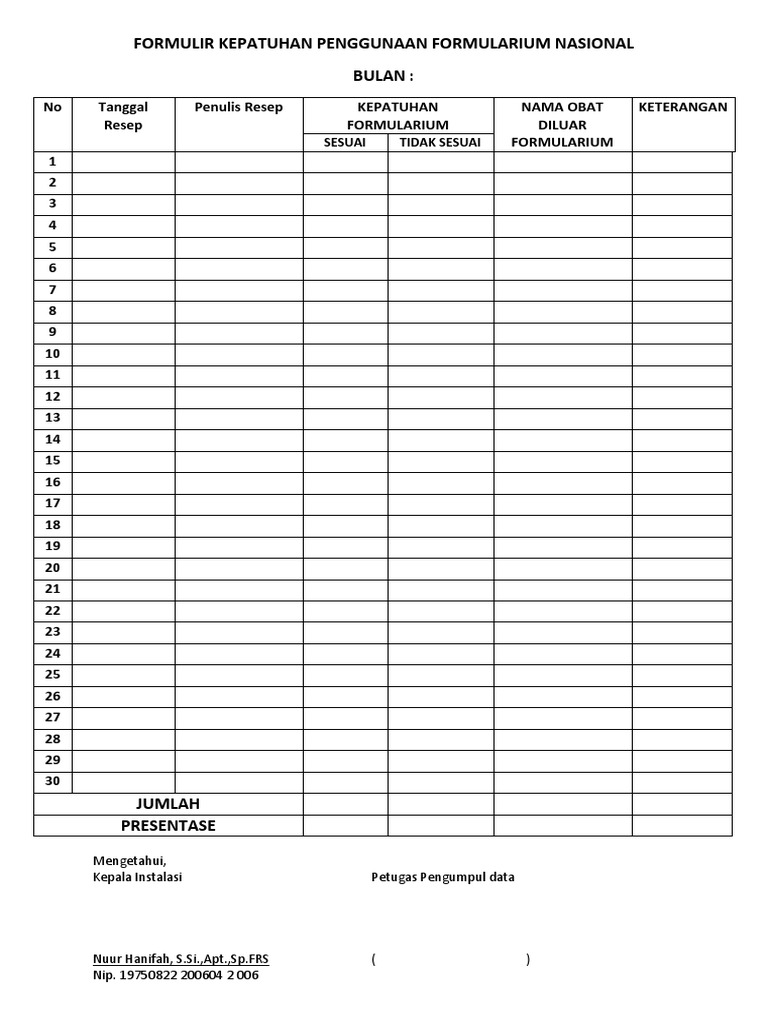 Formulir Kepatuhan Penggunaan Formularium Nasional | PDF