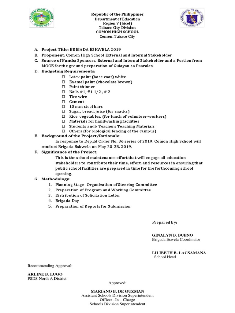 Project Proposal in Brigada Eskwela 2019 | PDF