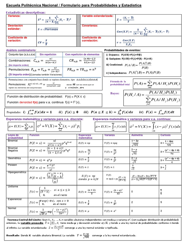 Epn-Formulario para Examen Estadistica (2019) PDF | PDF | Distribución normal | Teoría estadística