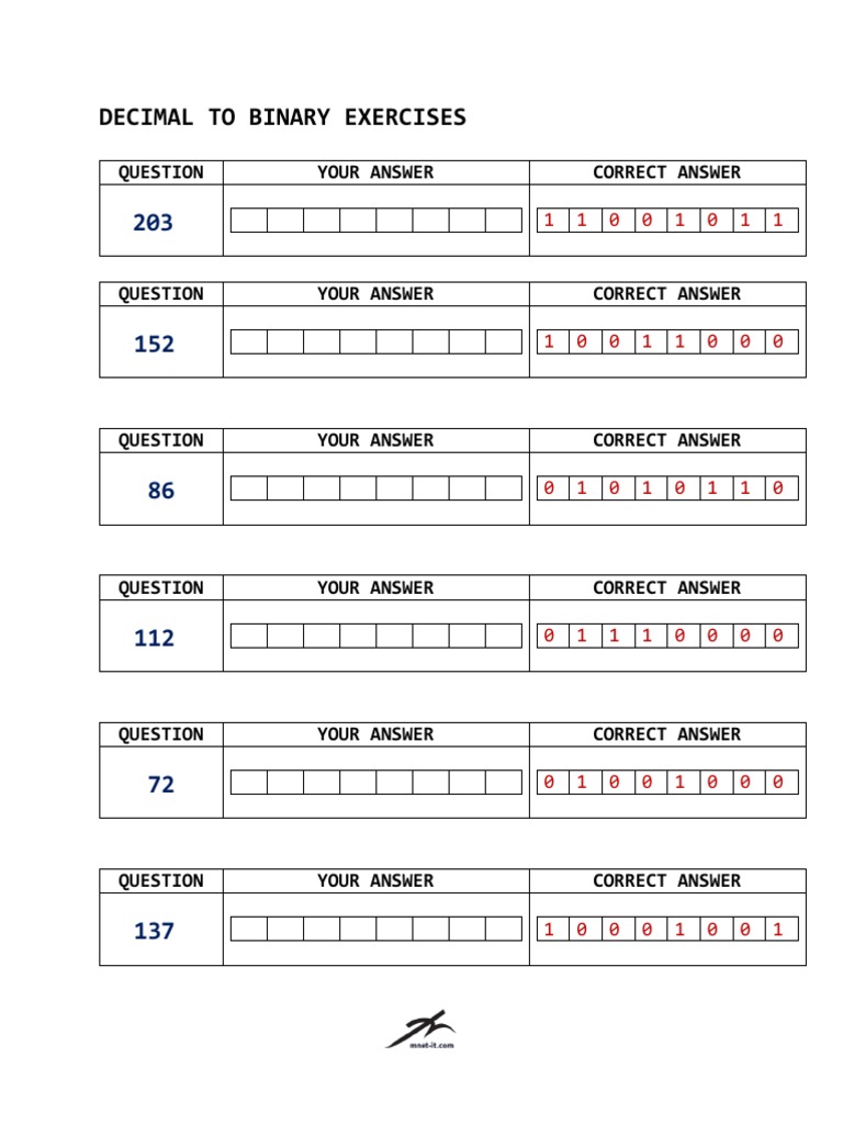 Decimal To Binary Exercises Pdf