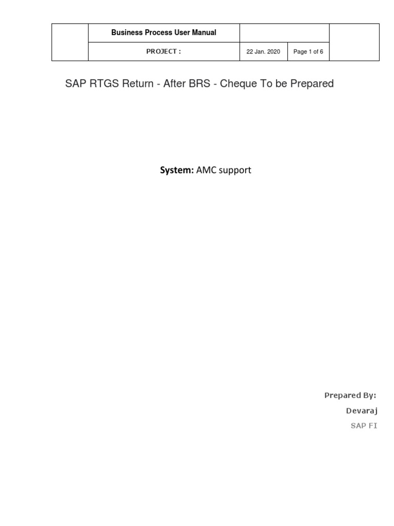 SAP RTGS Return - After BRS - Cheque To Be Prepared | PDF | Payments ...