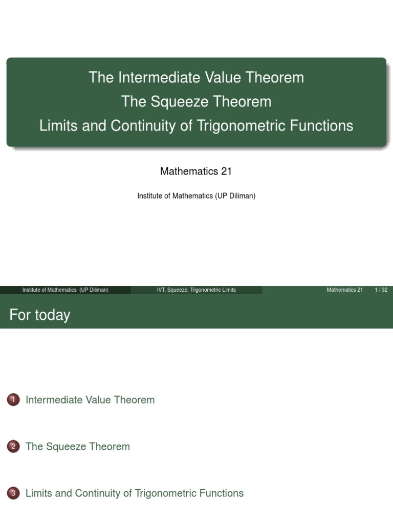 Math 21 Lec 1.5 IVT, Squeeze Theorem, Limits and Continuity of Trigonometric Functions (Slides ...