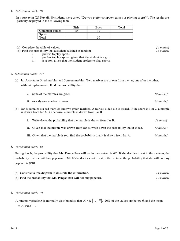 G12 IB Math SL Probability and Probability Distributions | PDF | Mean ...