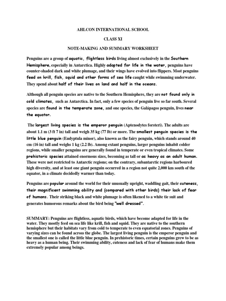 Notemaking Worksheet With Answer | PDF | Penguin | Organisms
