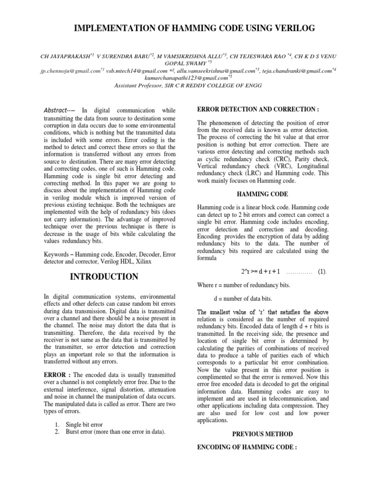 Implementation of Hamming Code Using Verilog | PDF | Error Detection And Correction | Code