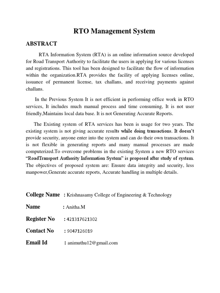 RTO Management System Abstract | PDF | Technology & Engineering