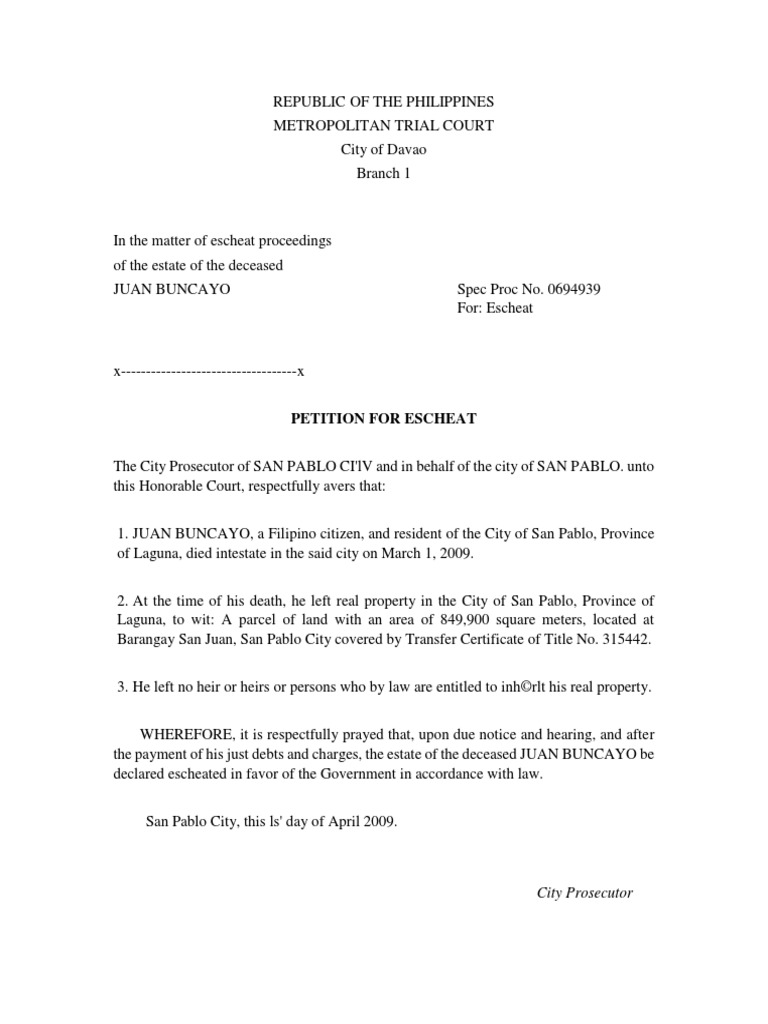 Petition For Escheat | PDF