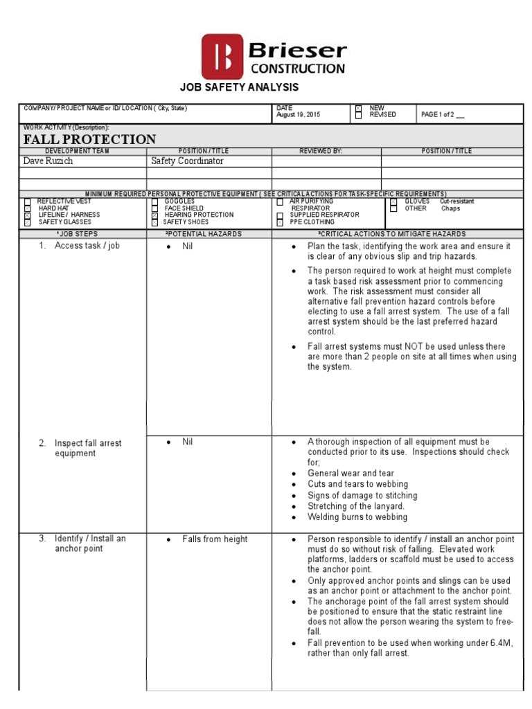 JSA Fall Protection | PDF | Personal Protective Equipment | Prevention