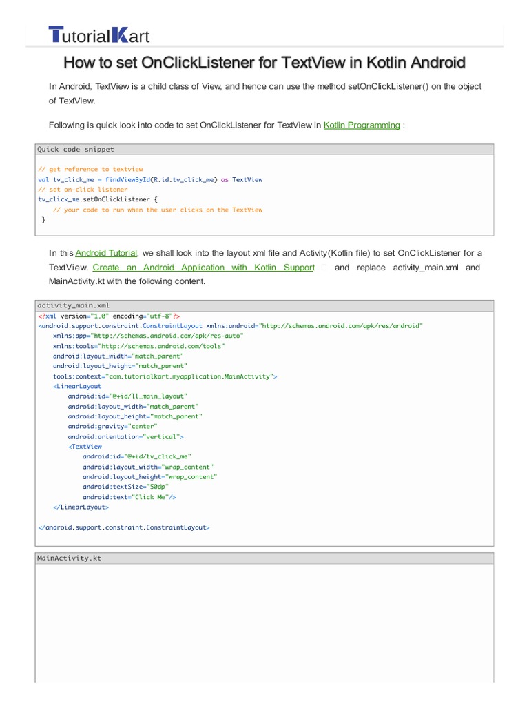 Set Onclicklistener For Textview In Kotlin Android Pdf Android Operating System Software