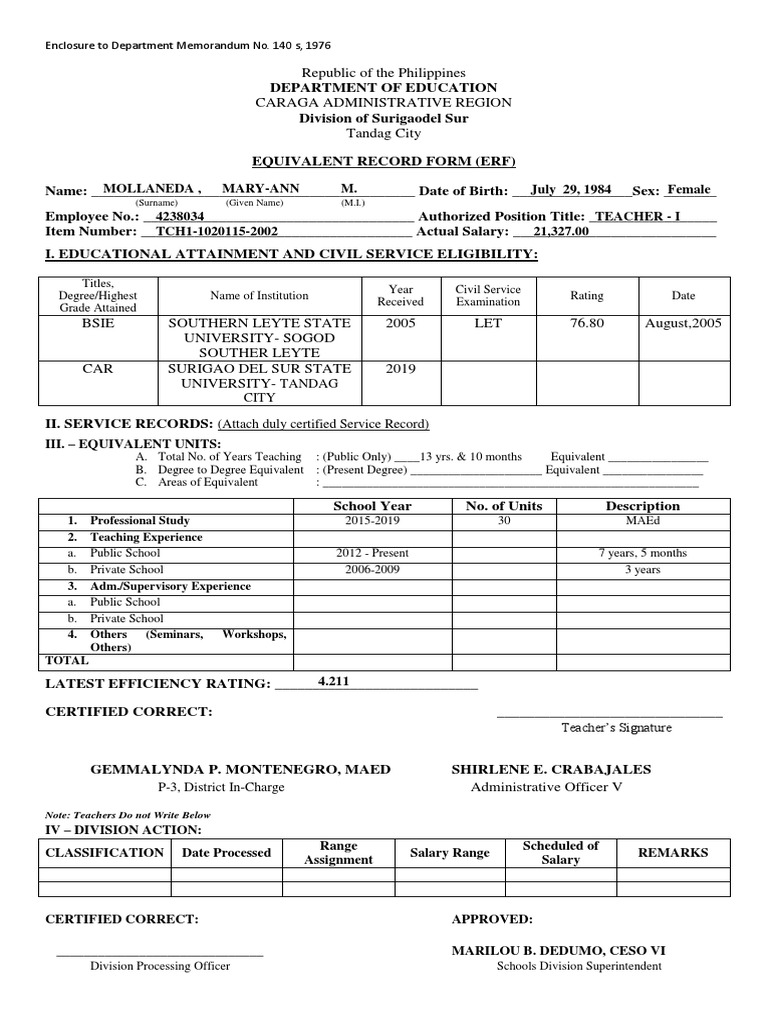 ERF Form For Reclass 1 Mary Ann | PDF | Learning | Government