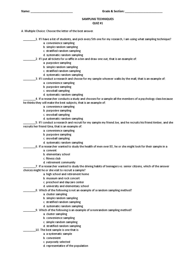 Sampling Techniques Quiz | PDF | Sampling (Statistics) | Research Methods
