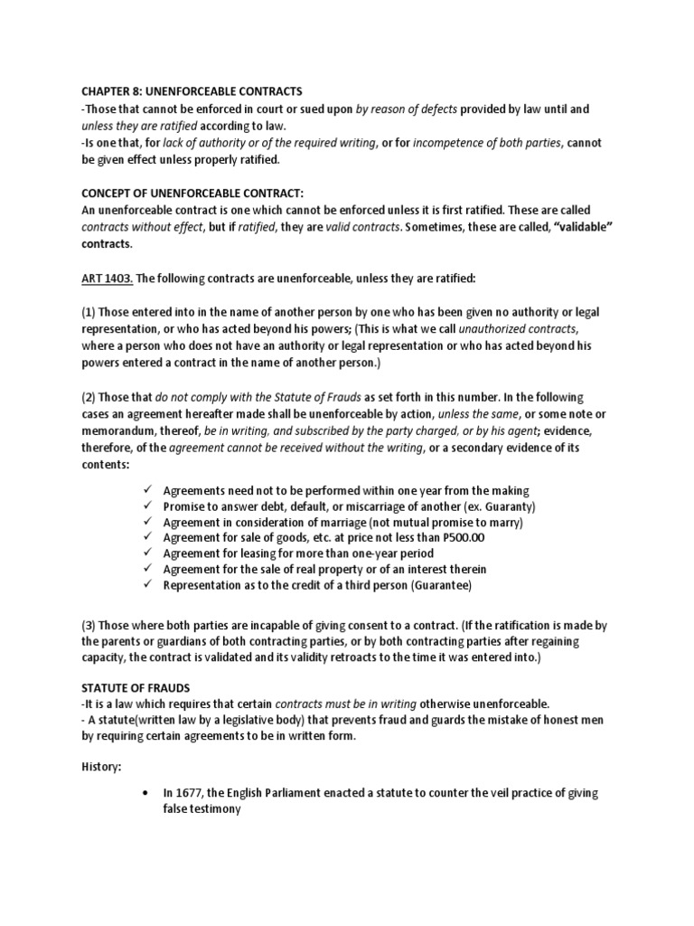 Summary of Chapter 8 - Unenforceable Contracts | PDF | Guarantee ...