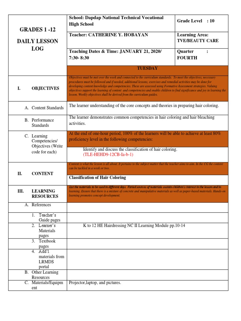 Demo Lesson Plan in Hair Color | PDF | Learning | Teachers