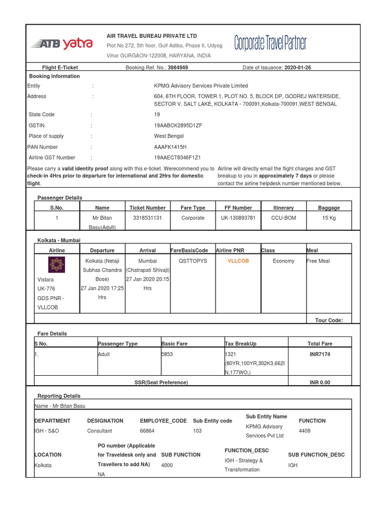 Vistara - VLLCOB - (CCU-BOM) - 27 Jan 2020 | PDF | Invoice | Receipt