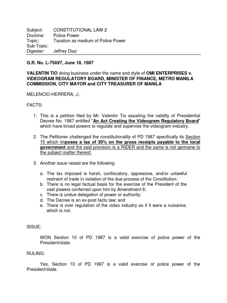 A.16. Tio v. Videogram Regulatory Board | PDF | Police Power (United ...