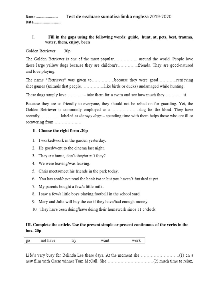 Engleza Test | PDF | Animals And Humans | Dogs