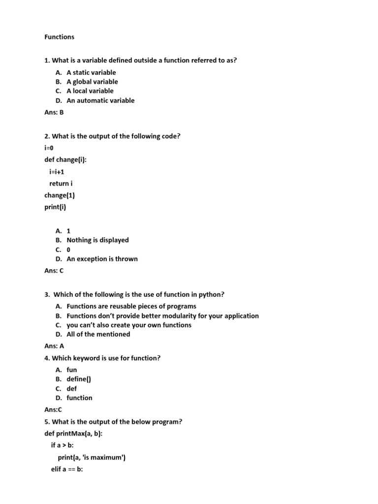Python Multiple Choice Pdf C Programming Language Subroutine