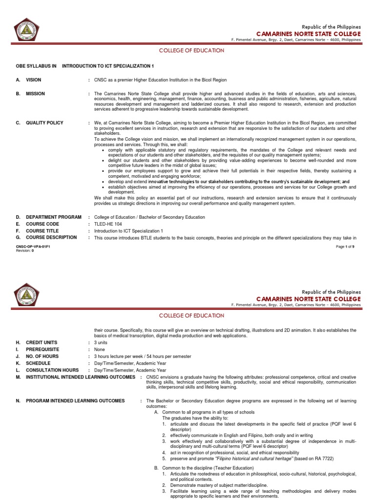 TLED-HE 104 INTRODUCTION TO ICT SPECIALIZATION - Syllabus-ISO | PDF ...